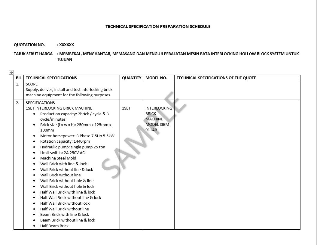 TECHNICAL SPECIFICATION PREPARATION SCHEDULE FOR TENDER - HandanMachine